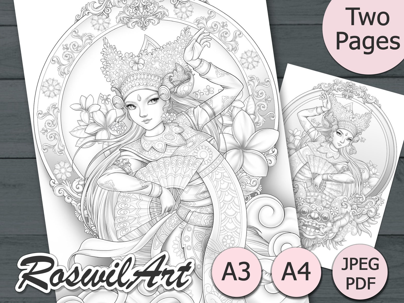 Bali Dance Roswilart Coloring Page for Adult Greyscale Coloring Page ...
