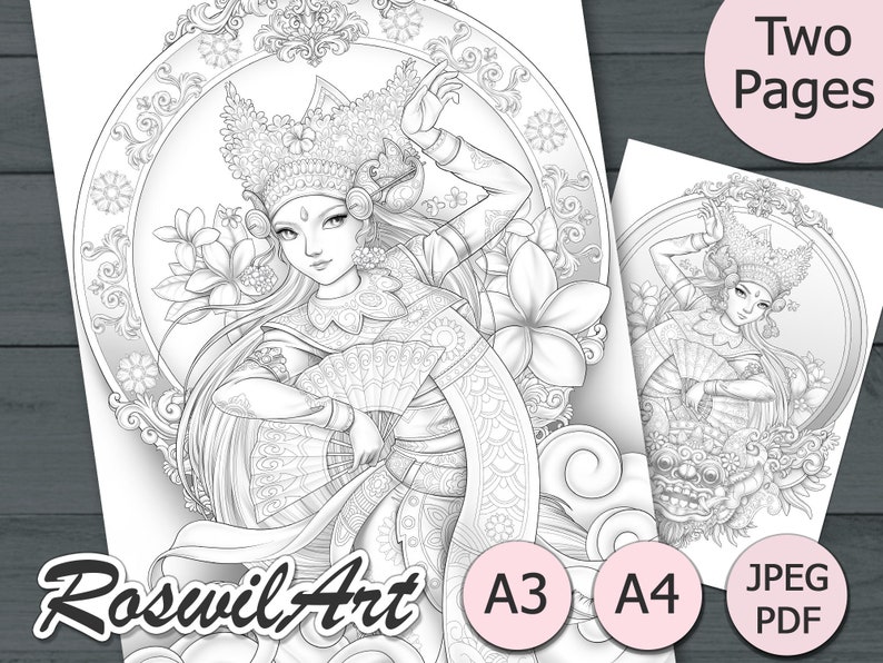 Bali Dance Roswilart Coloring Page for Adult Greyscale Coloring Page ...