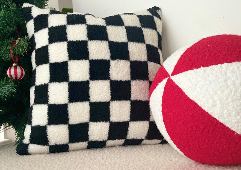 Plush Checkered Pillow Cover: Black & White Faux Fur, 18x18 Holiday ...