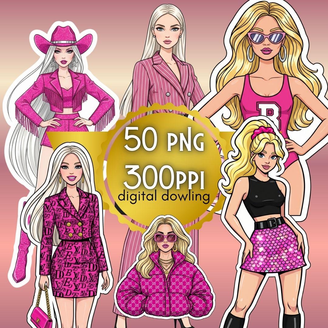Fashion Doll Stickers in Pink - 50 png Glamour and Sparkle - Instant ...