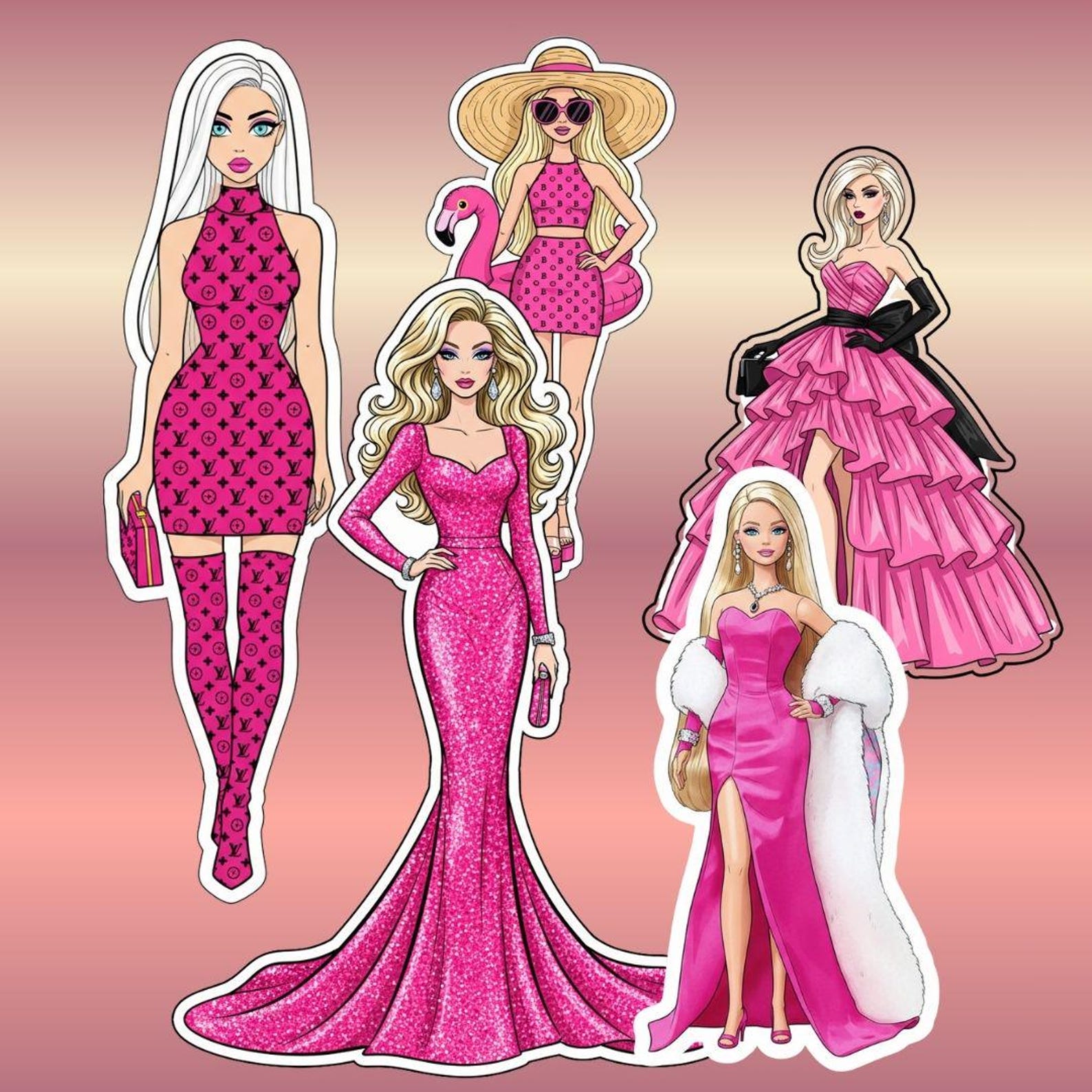 Fashion Doll Stickers in Pink - 50 png Glamour and Sparkle - Instant ...