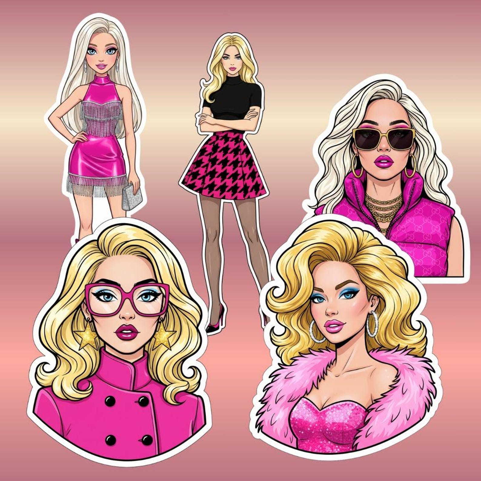 Fashion Doll Stickers in Pink - 50 png Glamour and Sparkle - Instant ...