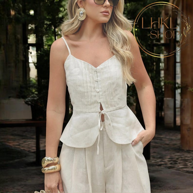 Women Linen Summer Set, Sleeveless Top and Wide Leg Pants, V Neck Top ...