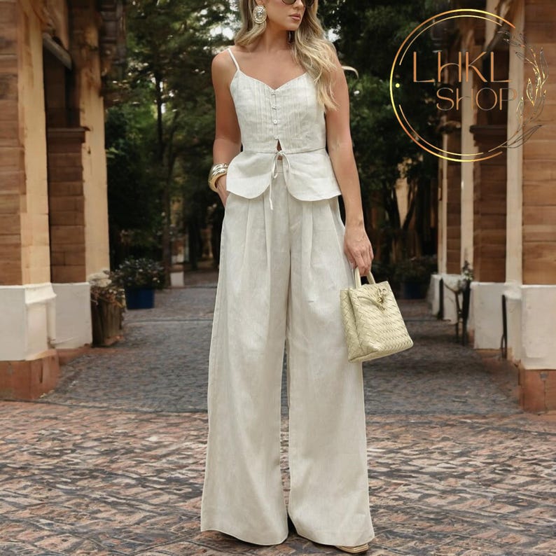 Women Linen Summer Set, Sleeveless Top and Wide Leg Pants, V Neck Top ...