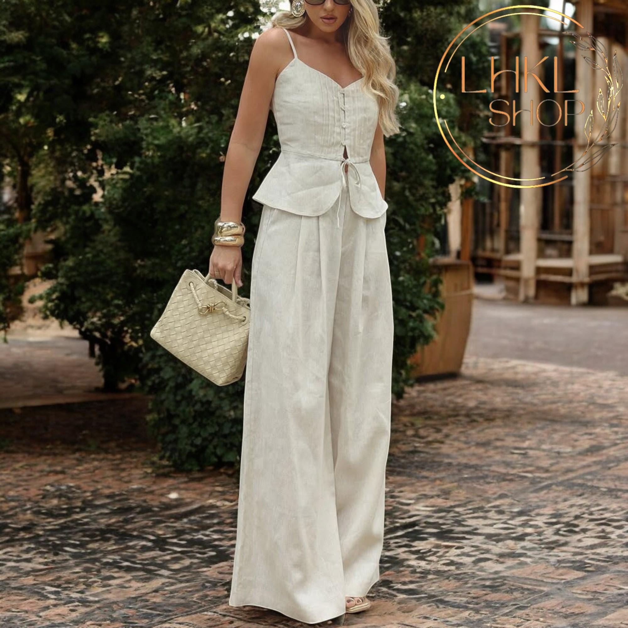 Women Linen Summer Set, Sleeveless Top and Wide Leg Pants, V Neck Top ...