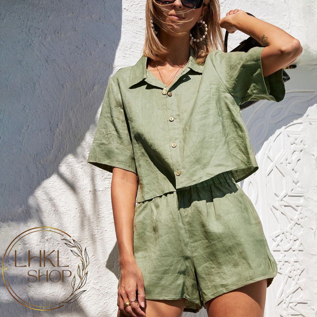 Linen Pajamas, Linen Crop Top and Shorts, Linen Shirt, Linen Set Women ...