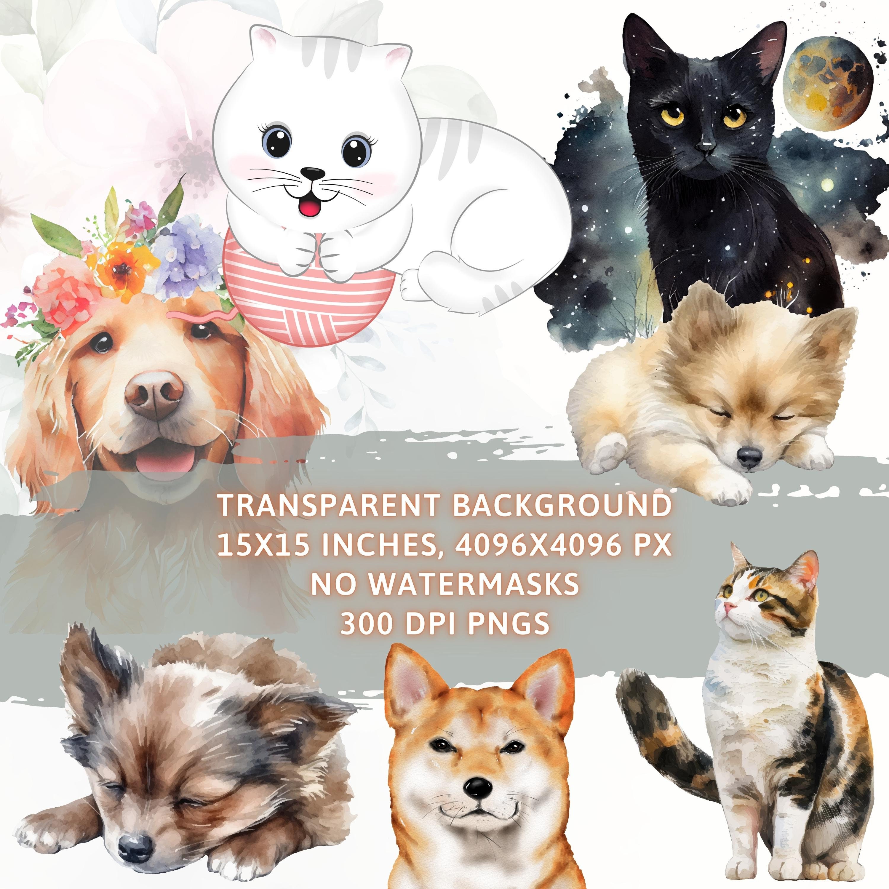 Watercolor Clipart Cats and Dogs, 180 Cute Pets PNG Bundle, 180 ...