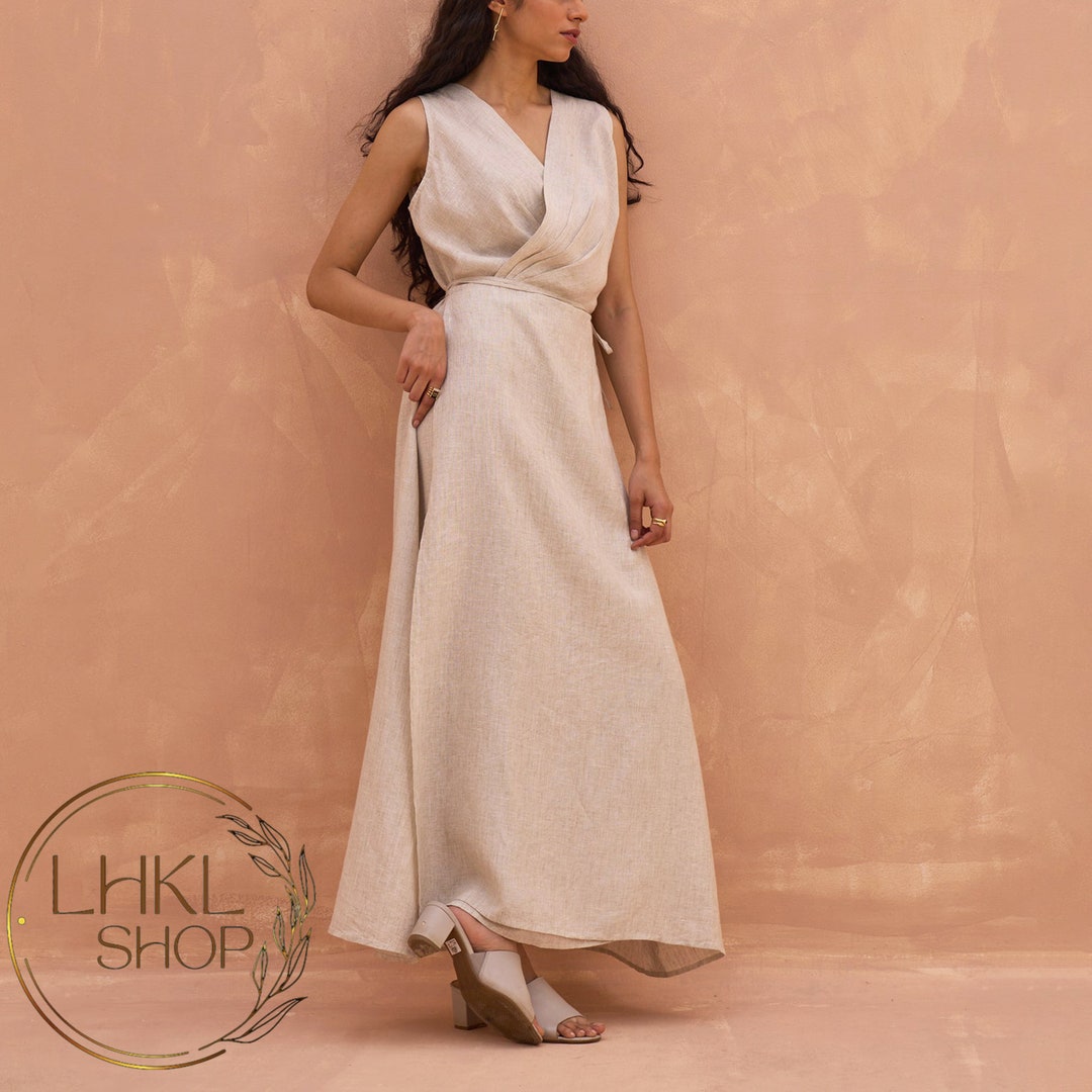 V Neck Linen Dress, Linen Wrap Dress, Long Linen Maxi Dress, Sleeveless ...