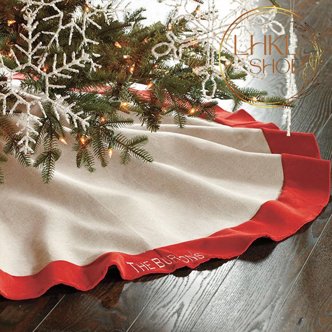 Embroider Linen Tree Skirt, Personal Christmas Tree Skirt, Christmas ...