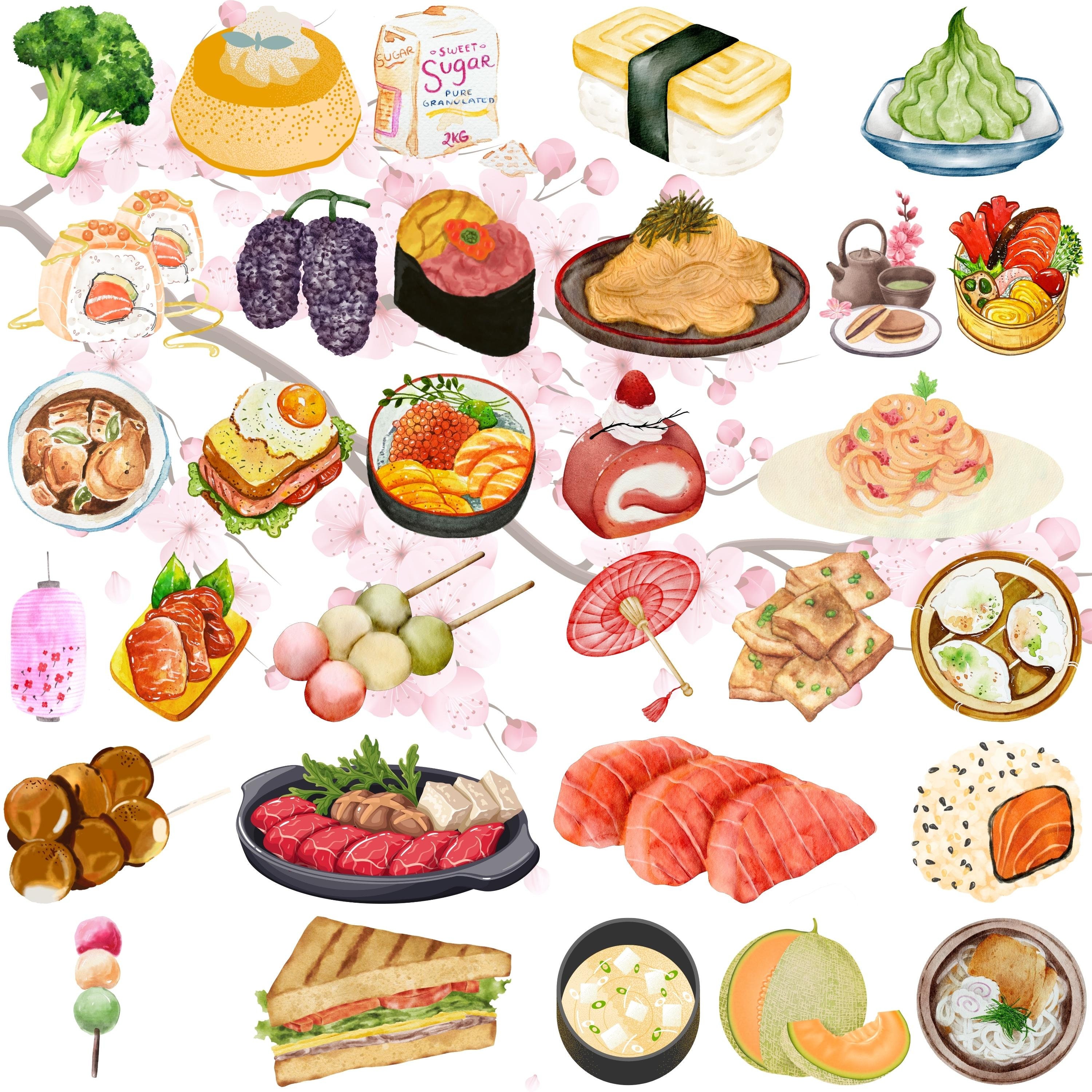 144 Japanese Food, Japanese Food Watercolor Clipart Collection ...