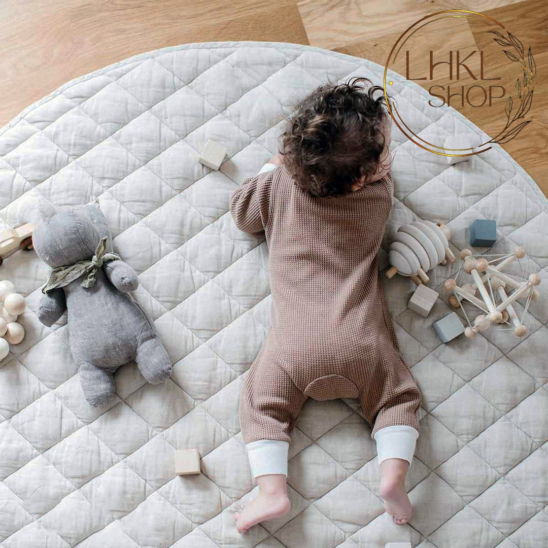 Montessori Play Mat, Natural Linen Play Mat, Quilted Playing Rug, Baby ...