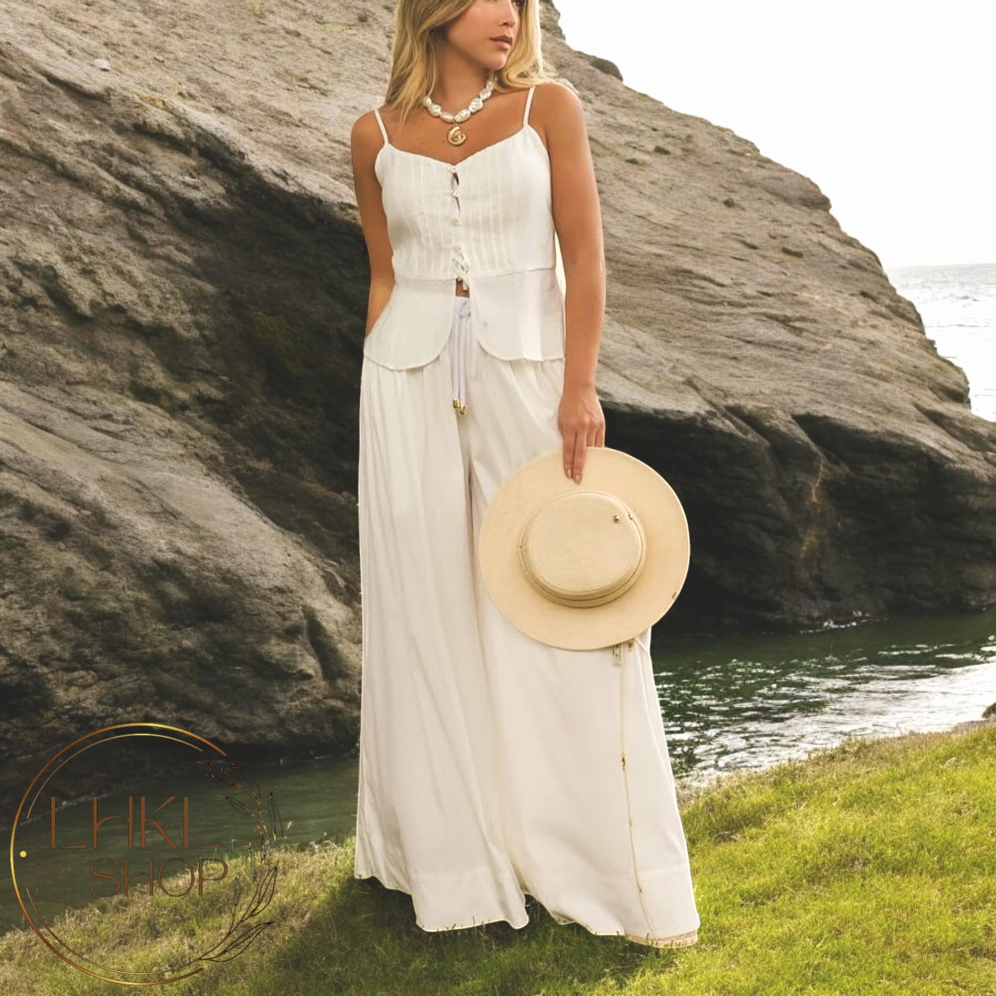 Women Linen Summer Set, Sleeveless Top and Wide Leg Pants, V Neck Top ...
