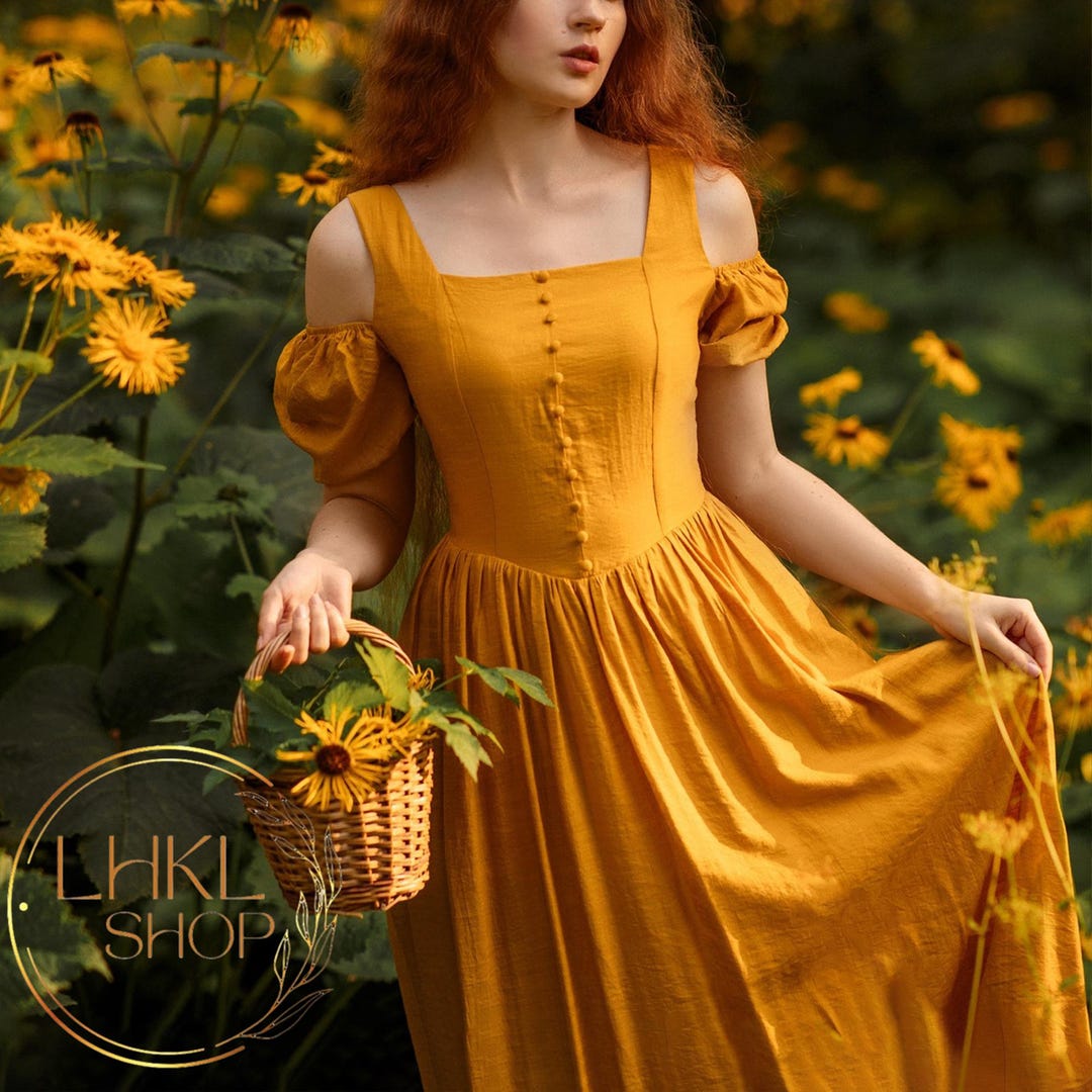 Cottagecore Linen Dress, Puffy Short Sleeves Dress, Women Maxi Dress ...