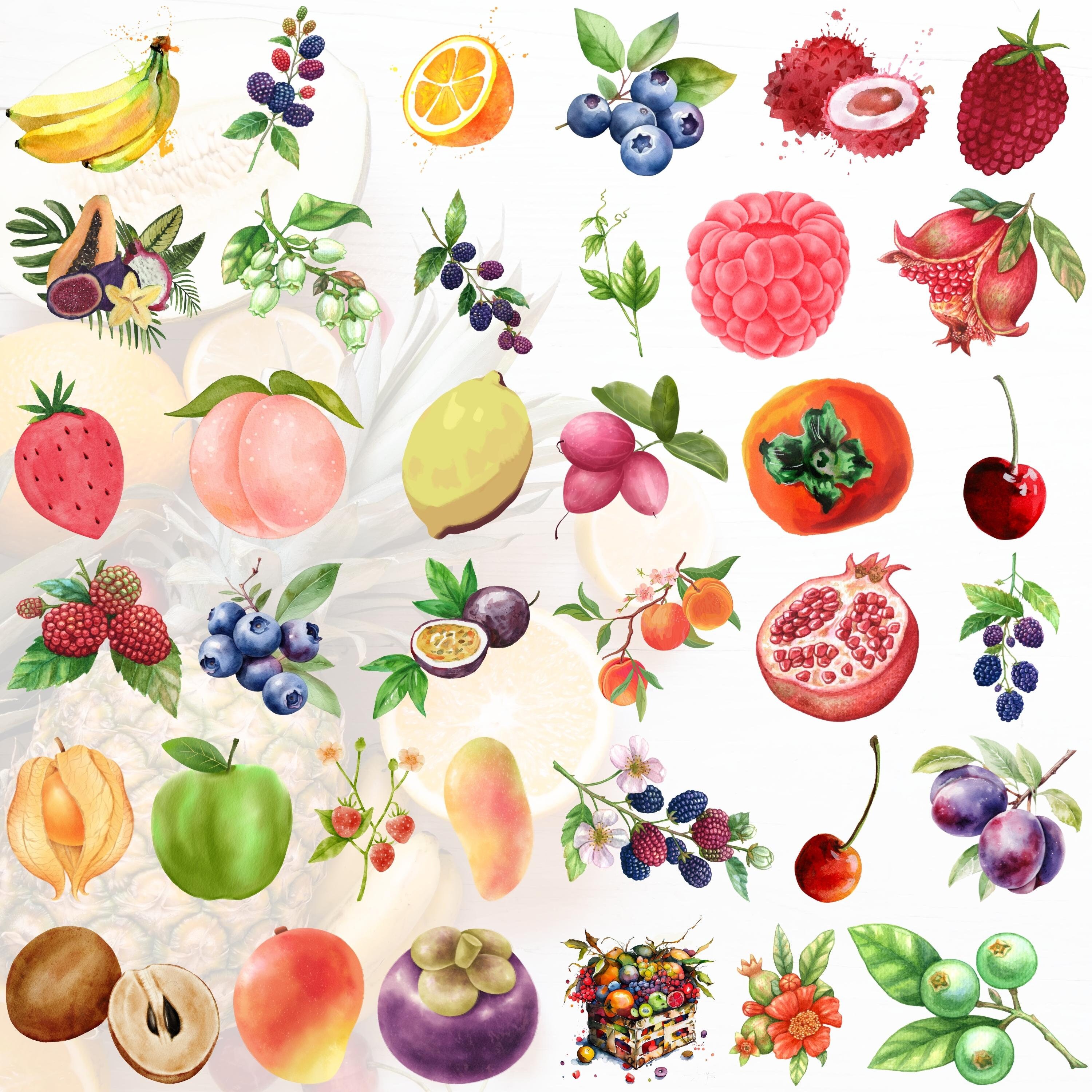 180 Watercolor Fruits Clipart Bouquets, Stickers, PNG, Digital Download ...