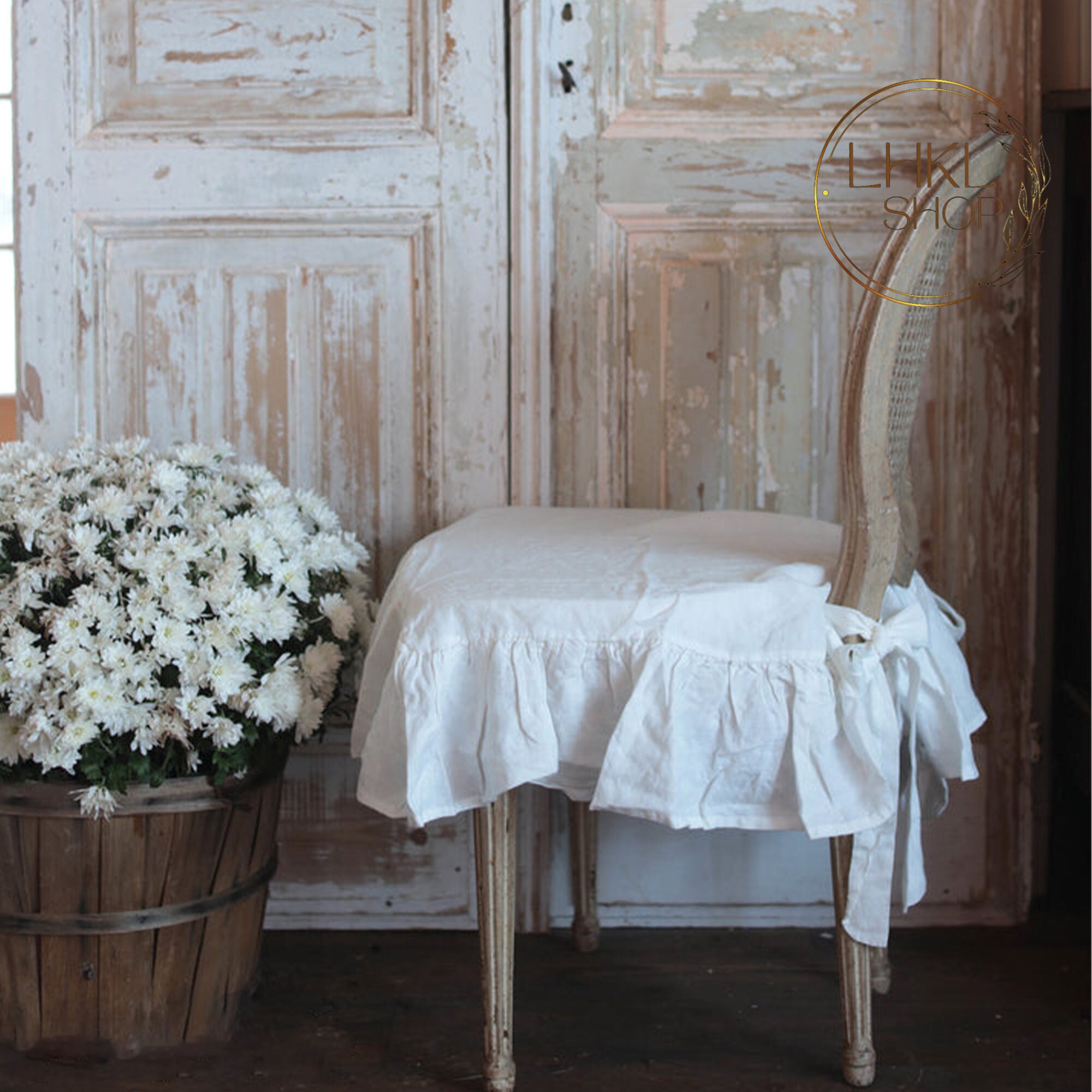 Ruffled Linen Chair Cover, Seat Cover, Chair Protection, Chair Slip ...