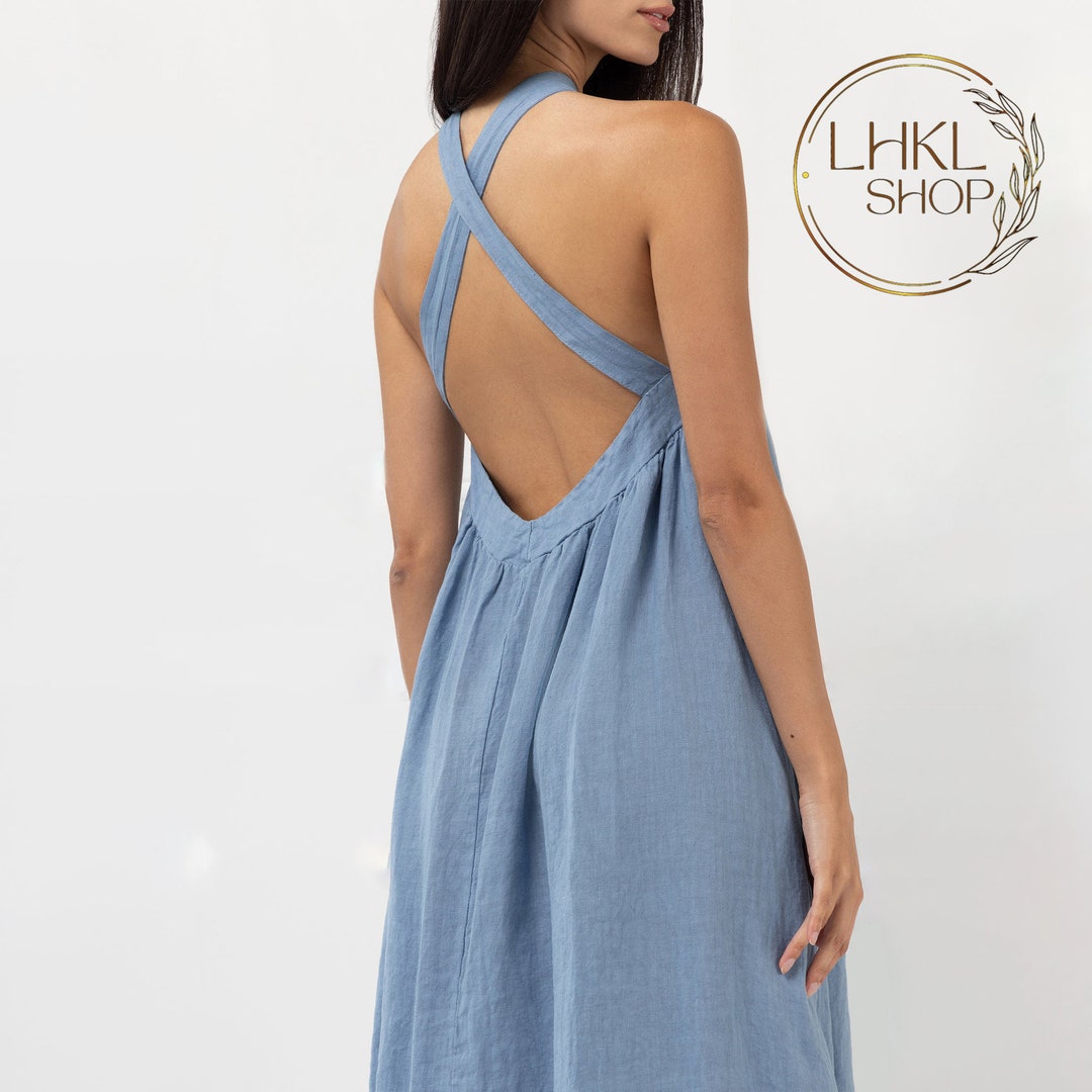 Apron Linen Dress, Midi Linen Dress, Backless Linen Dress, Seattle ...