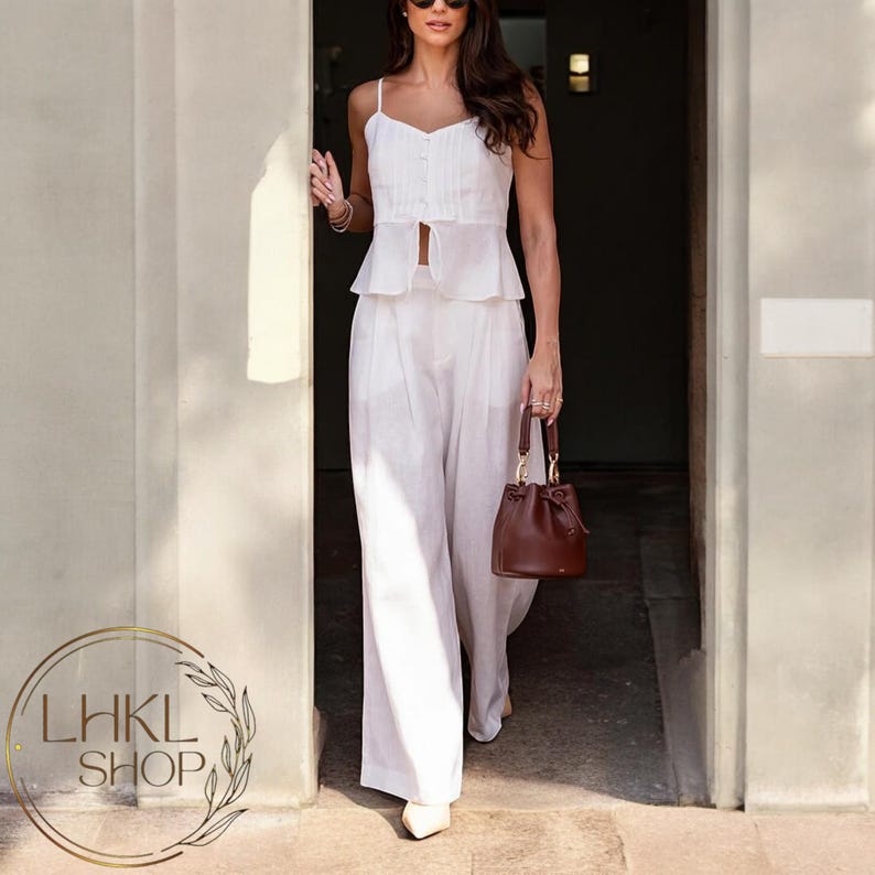 Women Linen Summer Set, Sleeveless Top and Wide Leg Pants, V Neck Top ...