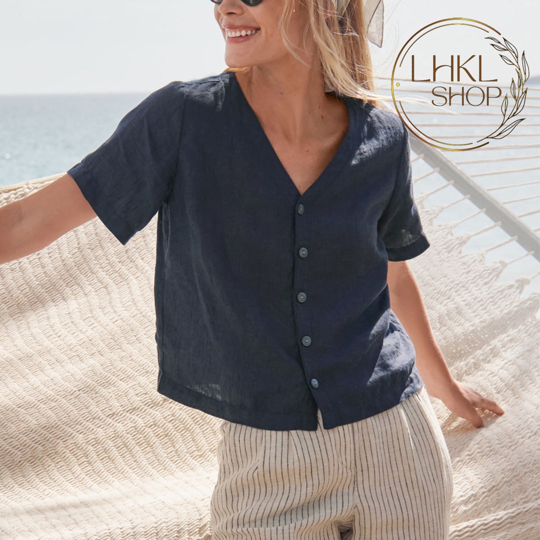 Button Front Linen Top, Short Sleeve Blouse, Women Linen Shirt, Summer ...