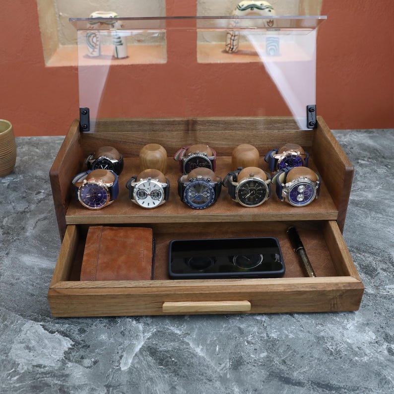 Personalized Walnut Watch Box With Drawer, Engraved Watch Storage for 6 ...