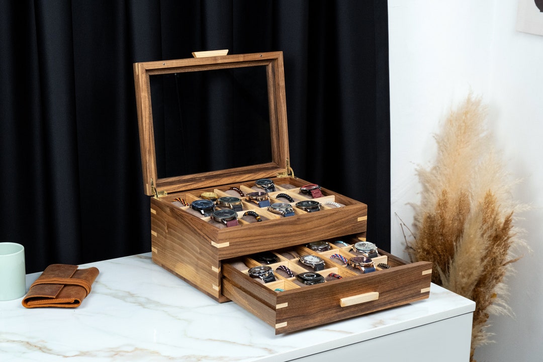 Handmade Watch Box With Drawer, 24 or 30 Slots Walnut Watch Storage ...