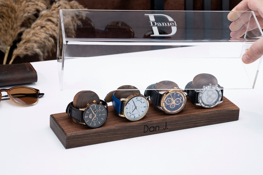 Walnut Watch Stand With Acrylic Cover, Personalized Watch Holder Stand ...