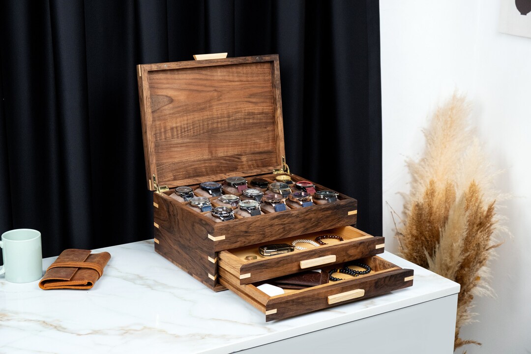 Personalized Walnut Watch Box With Drawer, Handmade Watch Box for Men ...