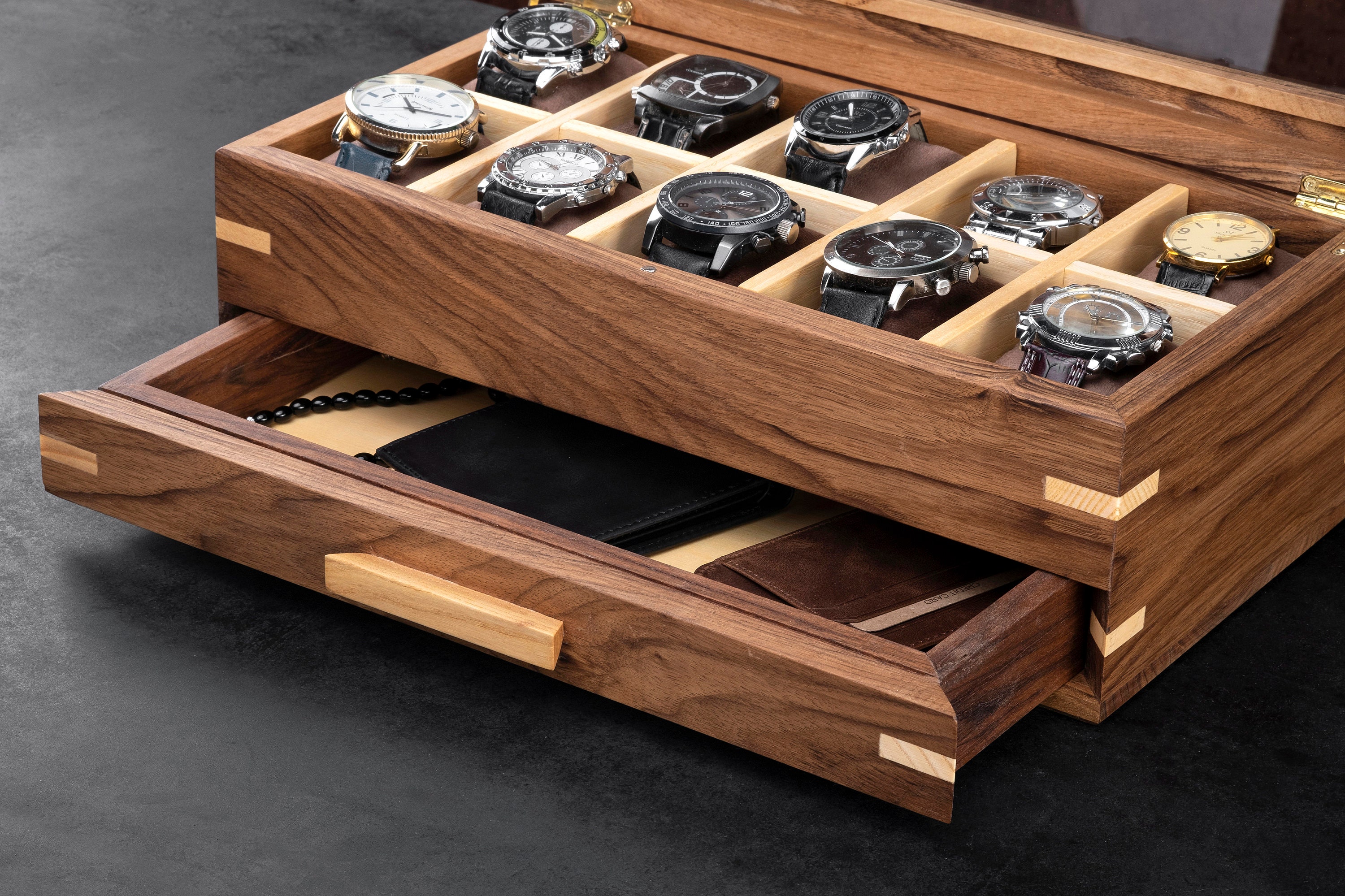 Personalized Watch Box With Drawer and Valet Tray Bundle Set, Handmade ...