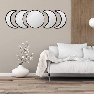 Moon Phase Mirror Set Moon Decoration Boho Wall Decor Wooden Moon Phase ...