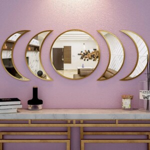 Moon Phase Mirror Set Moon Decoration Boho Wall Decor Wooden Moon Phase ...
