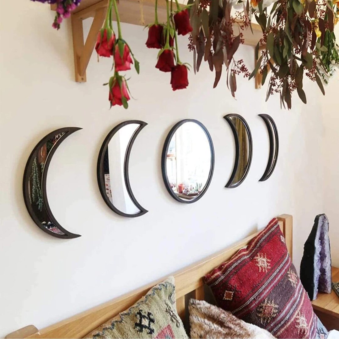 Moon Phase Mirror Set Moon Decoration Boho Wall Decor Wooden Moon Phase ...