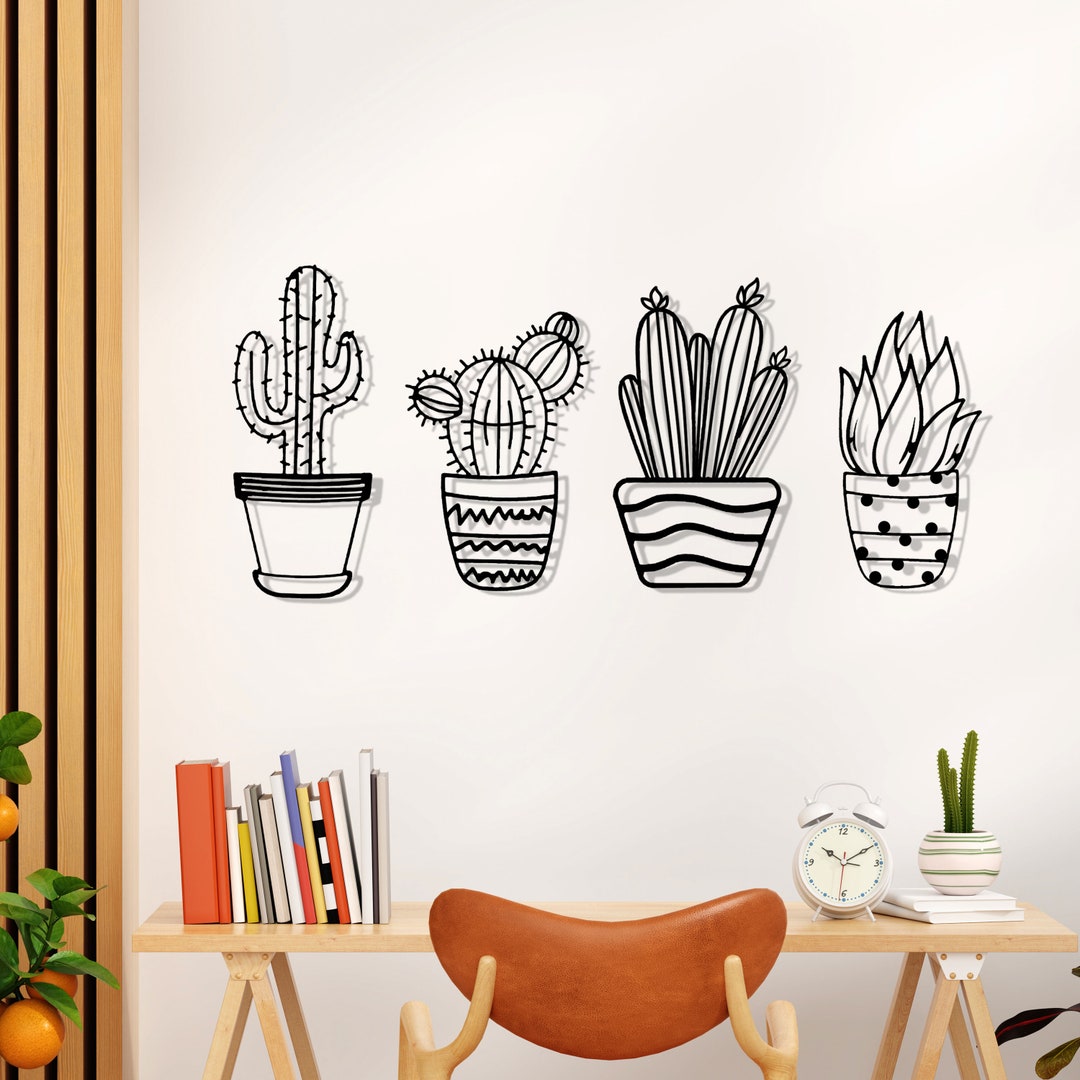 Cactus Metal Line Wall Art, Unique Metal Line Art, Four Cactus Metal ...