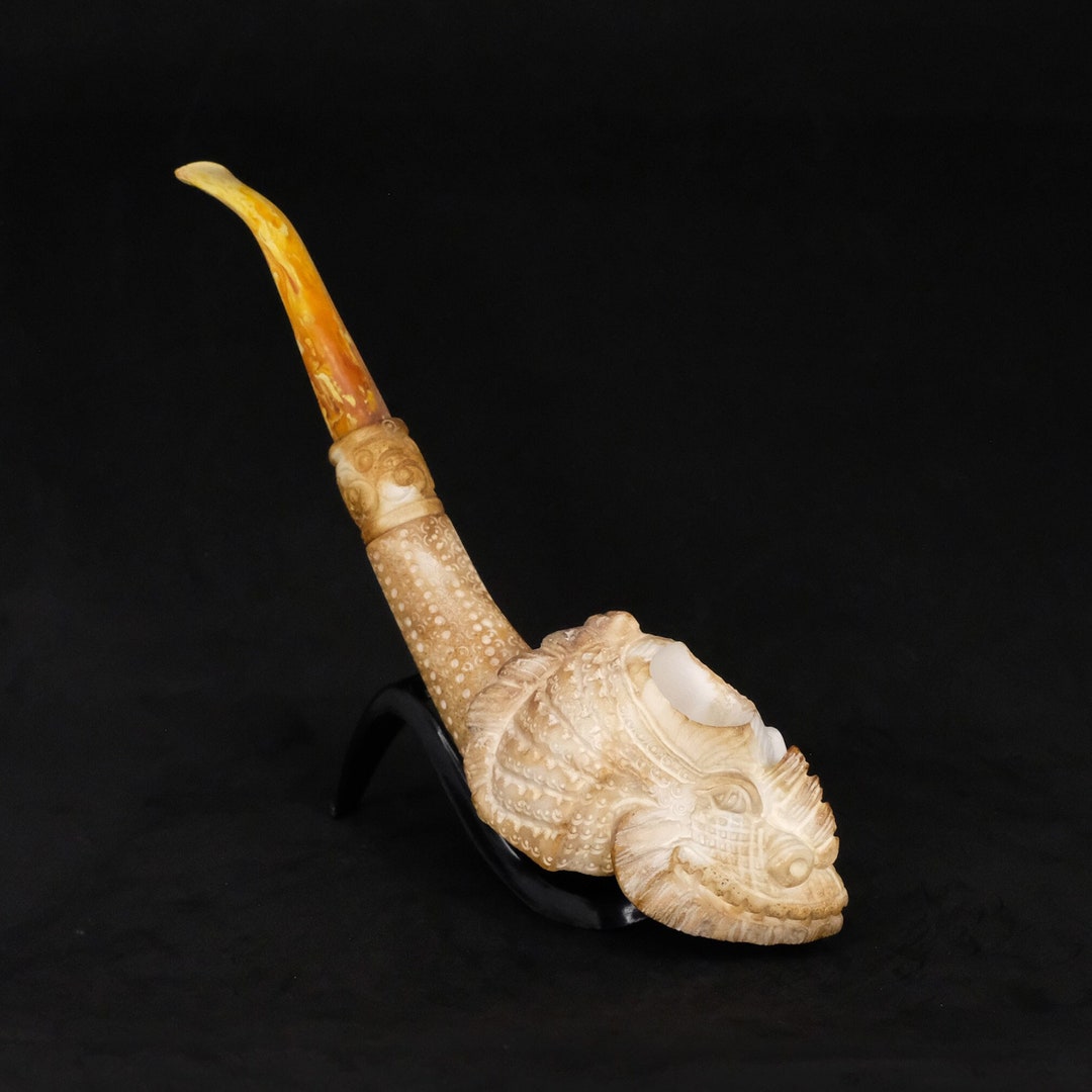 Unique Long Meerschaum Dragon Pipe With Aesthetic Embossed Bent Stem ...