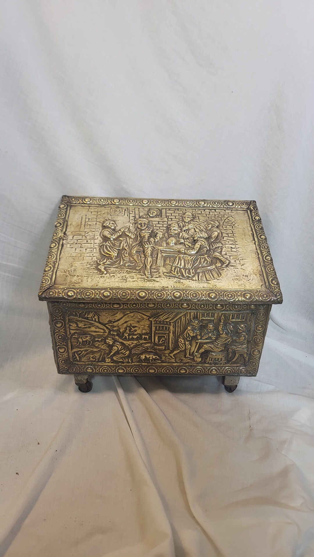 Antique Wooden Coal Box With Brass Embossed Decoration, Fireplace Décor ...