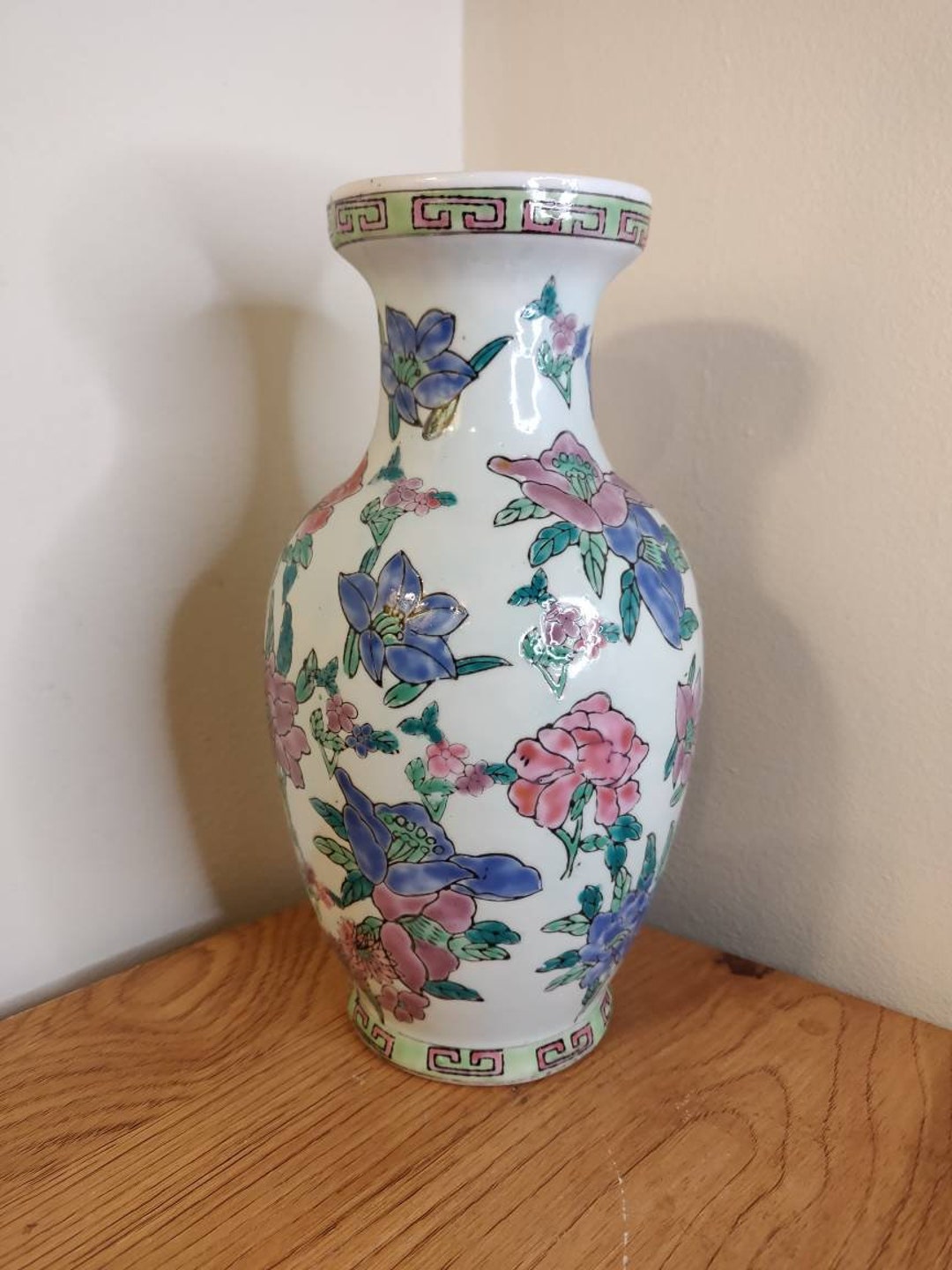 Chinese Hand Painted Vase Pink and Blue Floral Design - Etsy UK