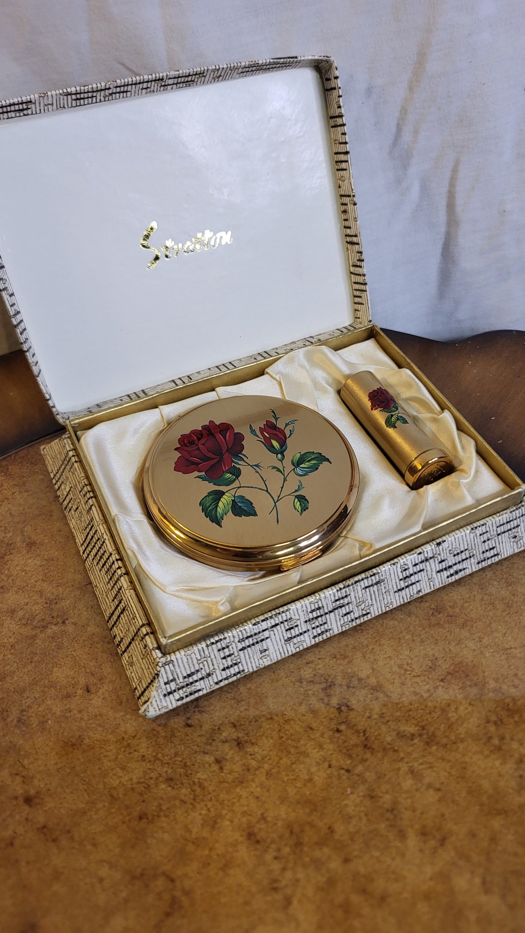 Vintage Stratton Compact Mirror, Lipstick Holder With Floral Design and ...