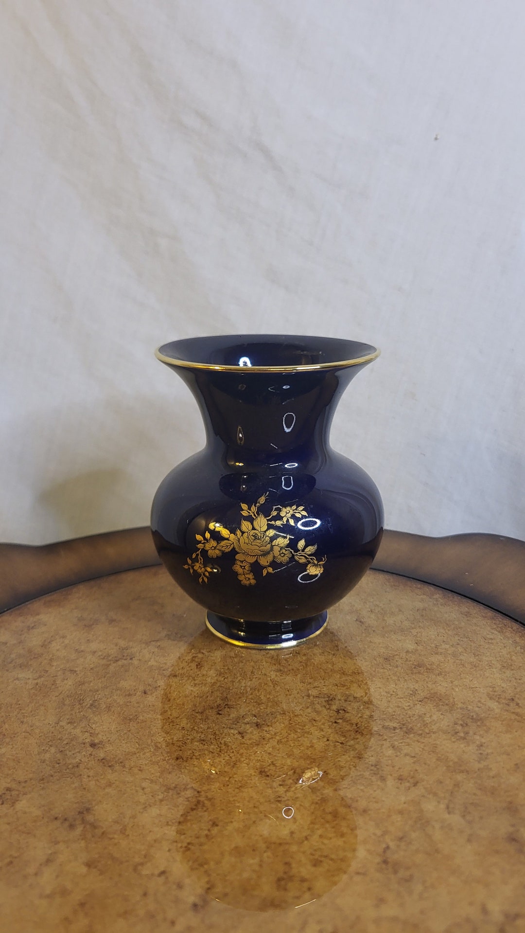 Vintage Echt Kobalt Colbalt Blue Vase With Gold Floral Design - Etsy