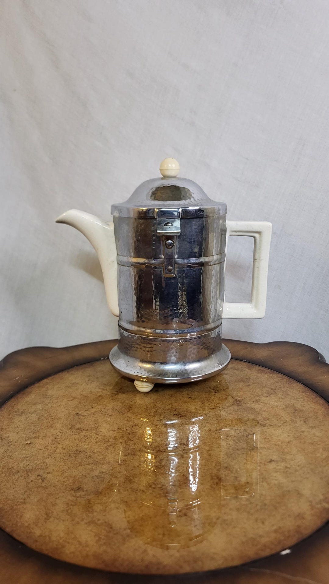 Vintage Heatmaster Coffe Pot Ceramic and Metal Chrome Dimpled Case Made ...