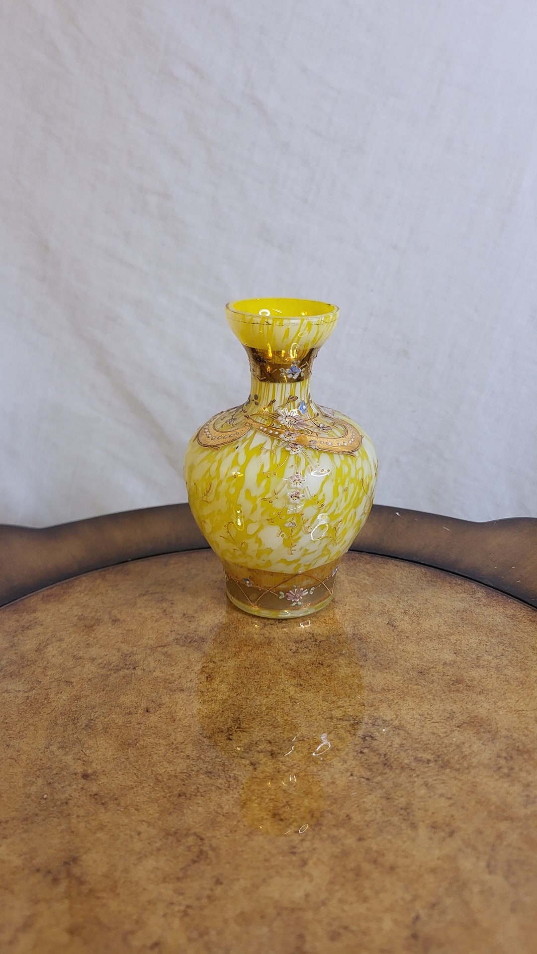 Vintage Yellow Glass Vase With Floral and Gold Design - Etsy