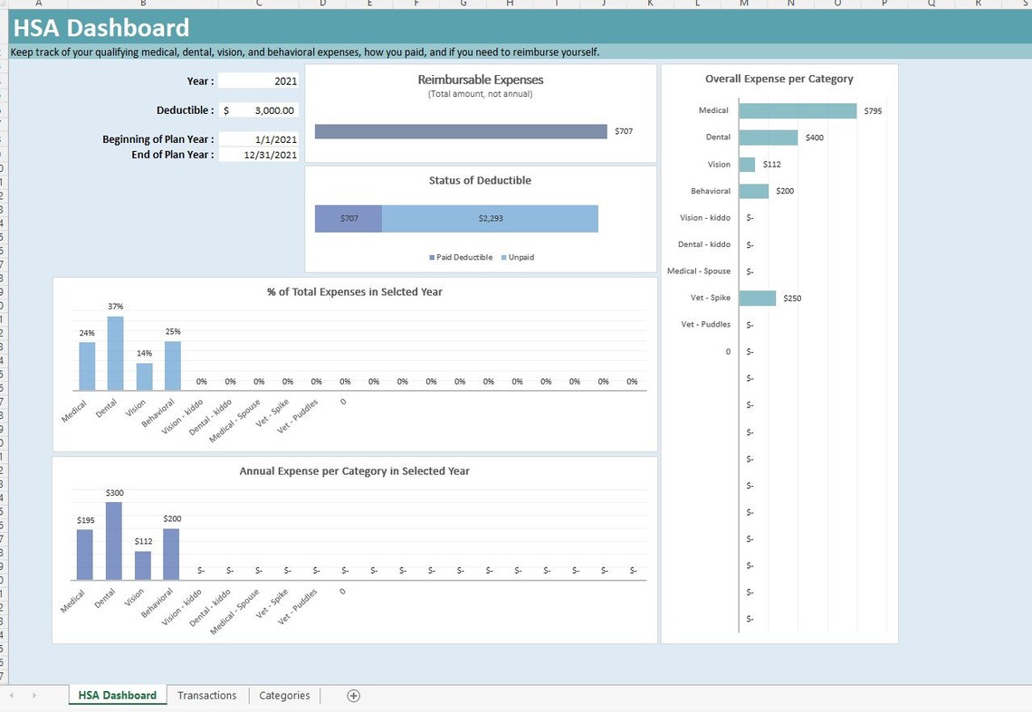Multi-year HSA Tracker Excel 365 HYSA, HDHP, Health Insurance, Expense ...