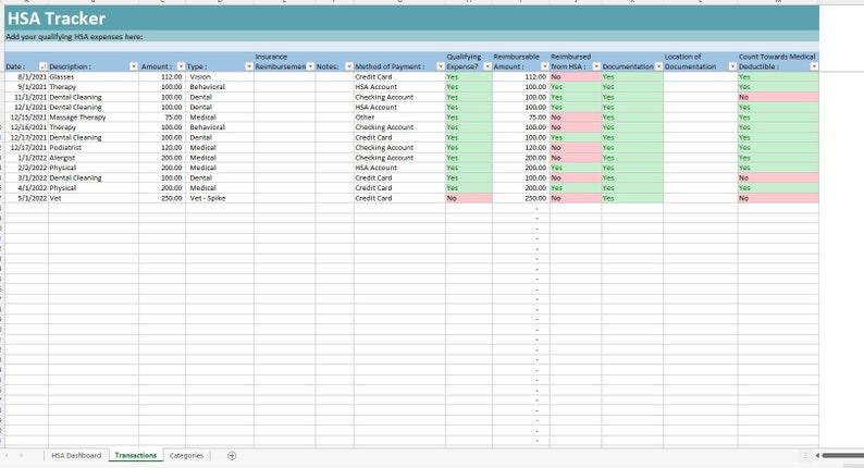 Multi-year HSA Tracker Excel 365 HYSA, HDHP, Health Insurance, Expense ...