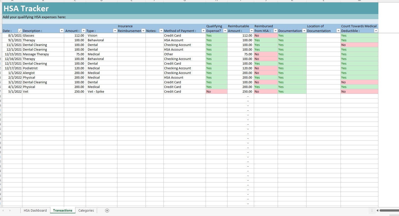 Multi-year HSA Tracker Excel 365 HYSA, HDHP, Health Insurance, Expense ...