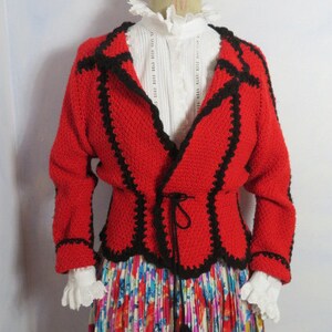 Original Vintage 40s 50s Hand Knitted Cardigan Red Black Wool Crocheted ...