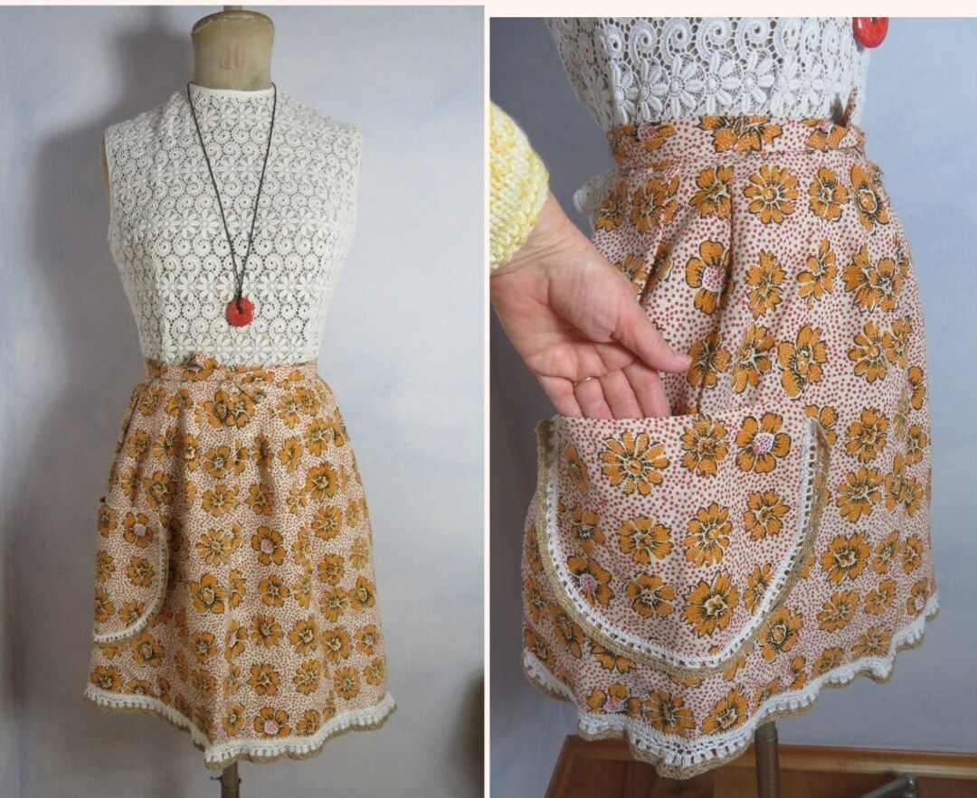 Vintage Kitchen Apron Ocher Flowers Confetti Crochet Lace Size M ...