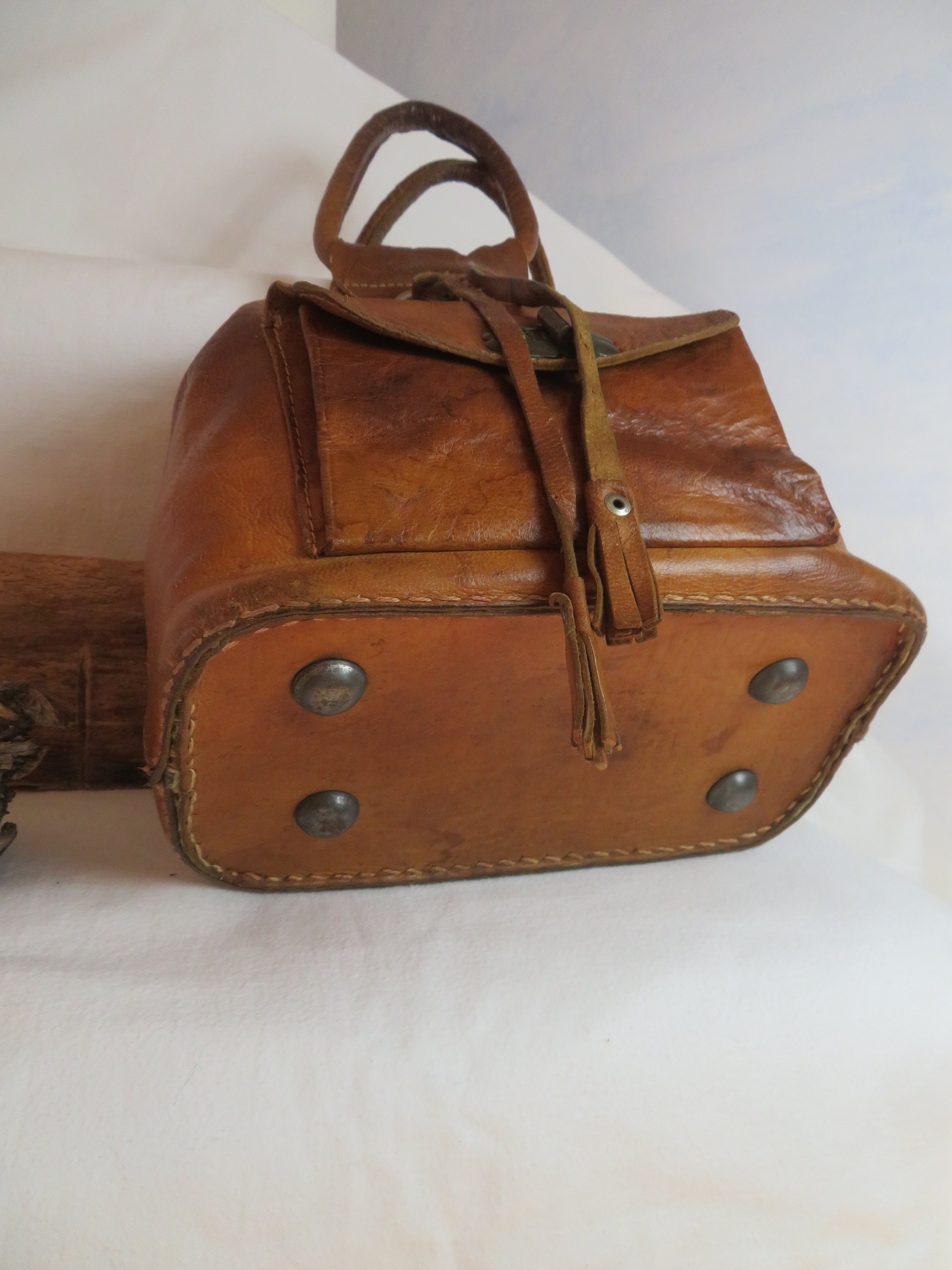 Antique Brown Leather Bag, Pyramid Leather Handbag, Drawstring Bag ...