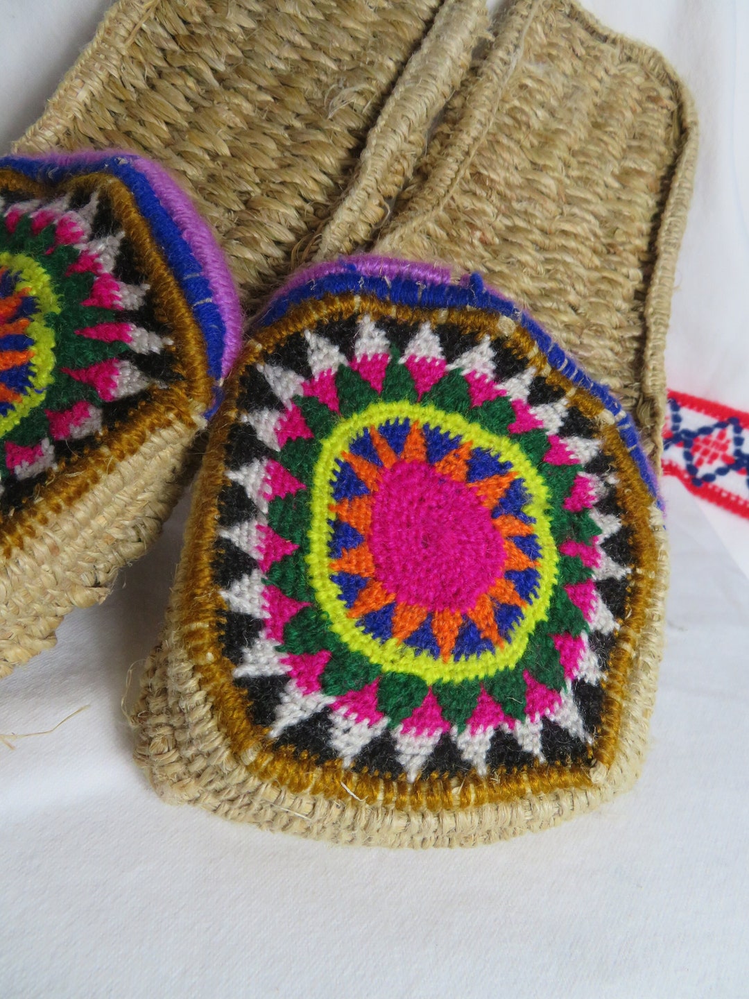 Vintage Woven Straw Shoes Rainbow Hand Crocheted Ethnic Mules EU 40/US ...