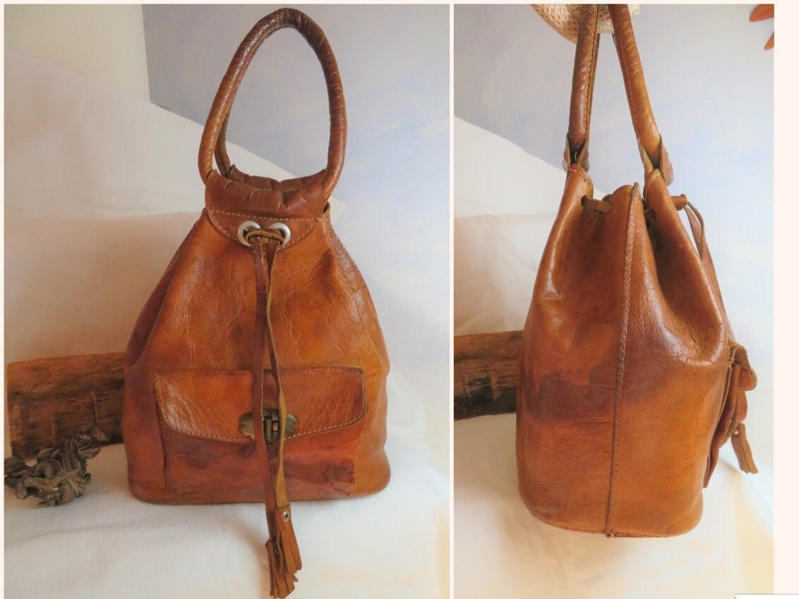 Antique Brown Leather Bag, Pyramid Leather Handbag, Drawstring Bag ...