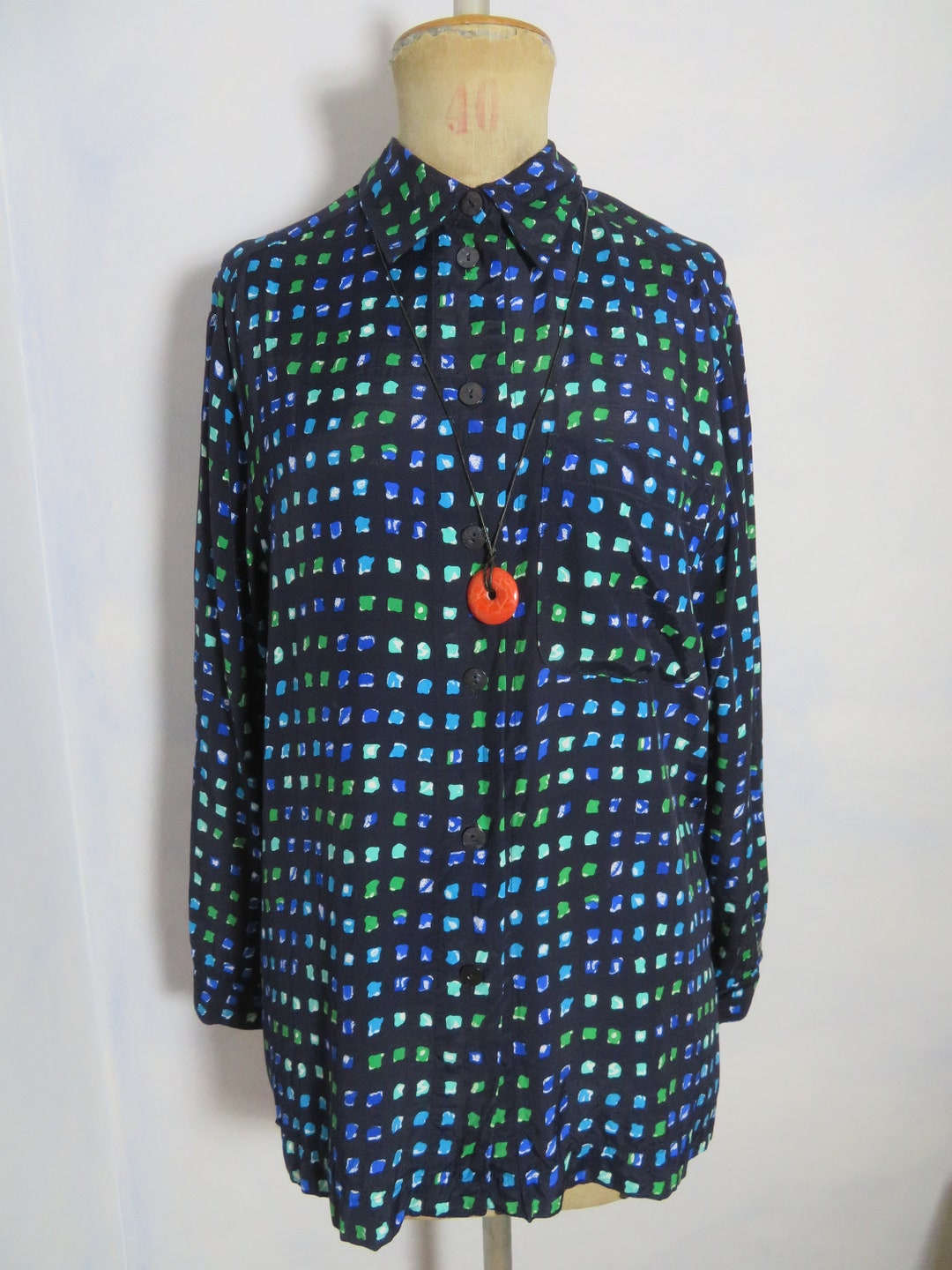 Vintage Viscose Blouse Dark Blue Blue Green Womans Size XL Graphic ...