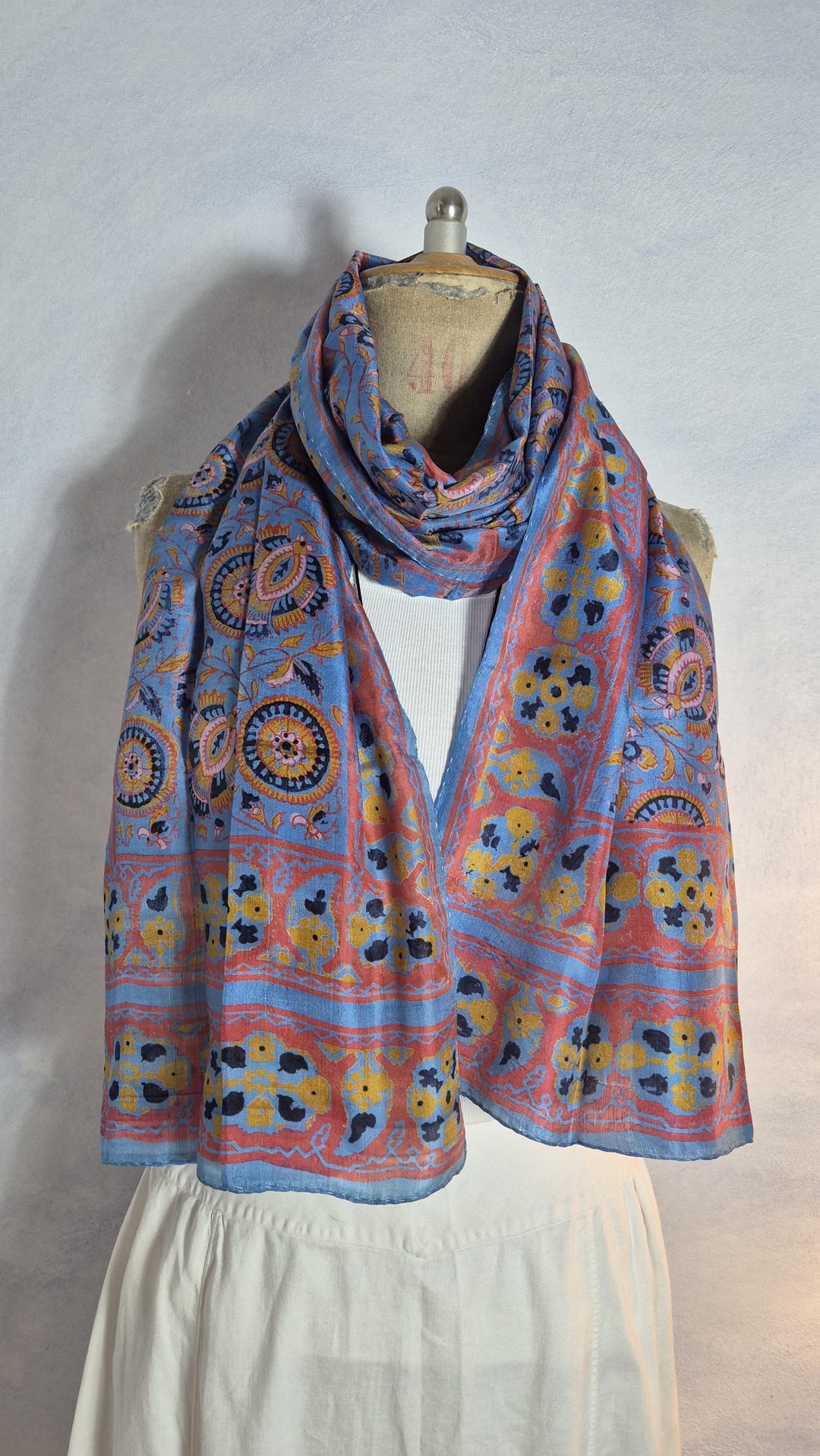 70s Blue Silk Scarf Indian Block Print Hand Rolled Scarf, 176 X 55 Cm ...
