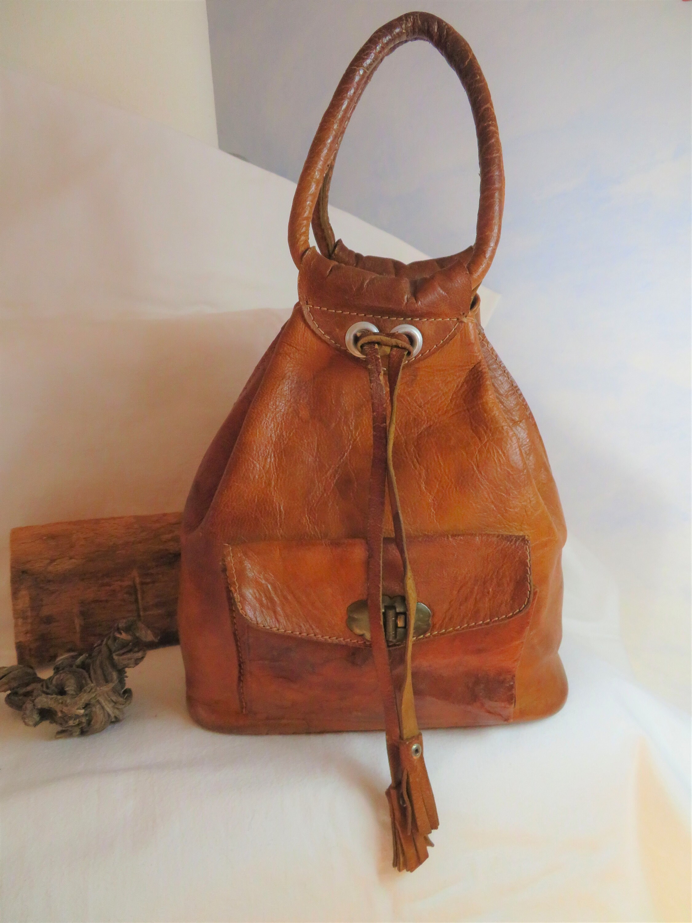 Antique Brown Leather Bag, Pyramid Leather Handbag, Drawstring Bag Hand ...