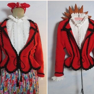 Original Vintage 40s 50s Hand Knitted Cardigan Red Black Wool Crocheted ...